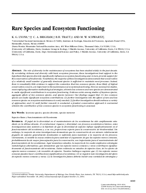 (PDF) Rare Species and Ecosystem Functioning
