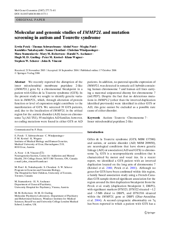 (PDF) Molecular and genomic studies of IMMP2L and mutation screening in ...