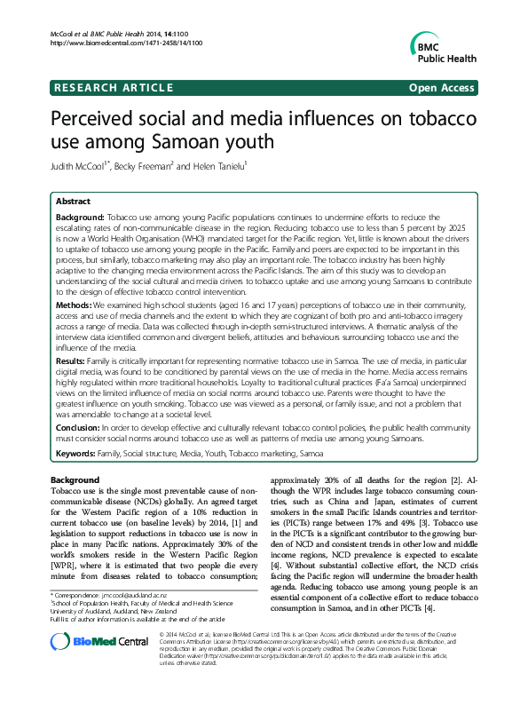 (PDF) Perceived social and media influences on tobacco use among Samoan ...