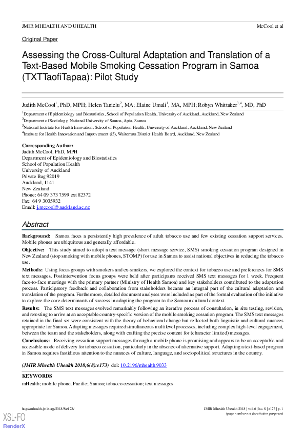 (PDF) Assessing the Cross-Cultural Adaptation and Translation of a Text-Based Mobile Smoking ...