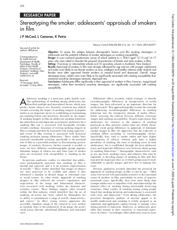 (PDF) Stereotyping the smoker: adolescents' appraisals of smokers in film