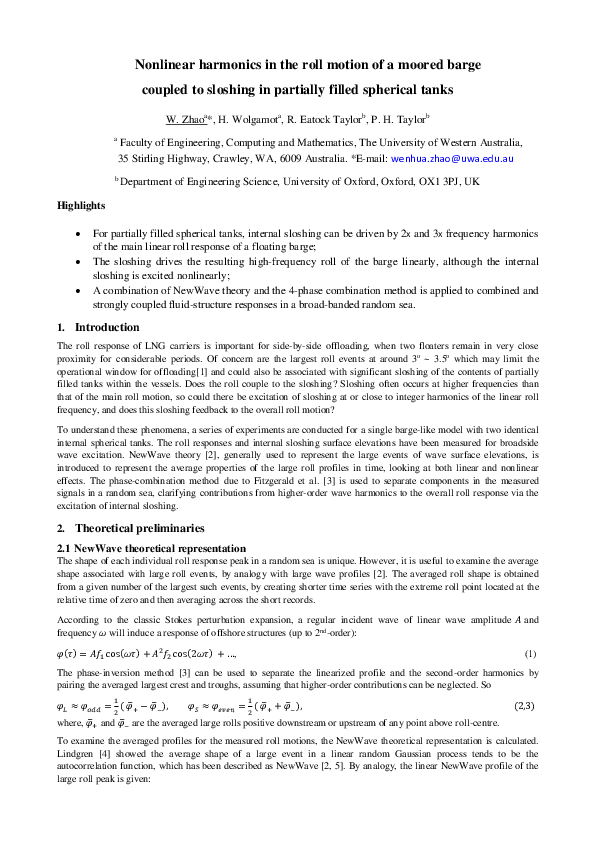 (PDF) Nonlinear harmonics in the roll motion of a moored barge coupled to sloshing in partially ...