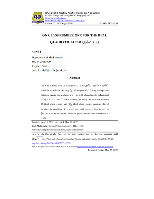 (PDF) On Class Number One for the Real Quadratic Field