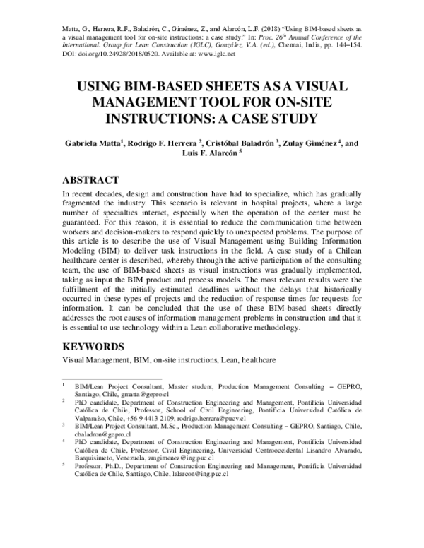 (PDF) Using BIM-Based Sheets as a Visual Management Tool for on-Site Instructions: A Case Study