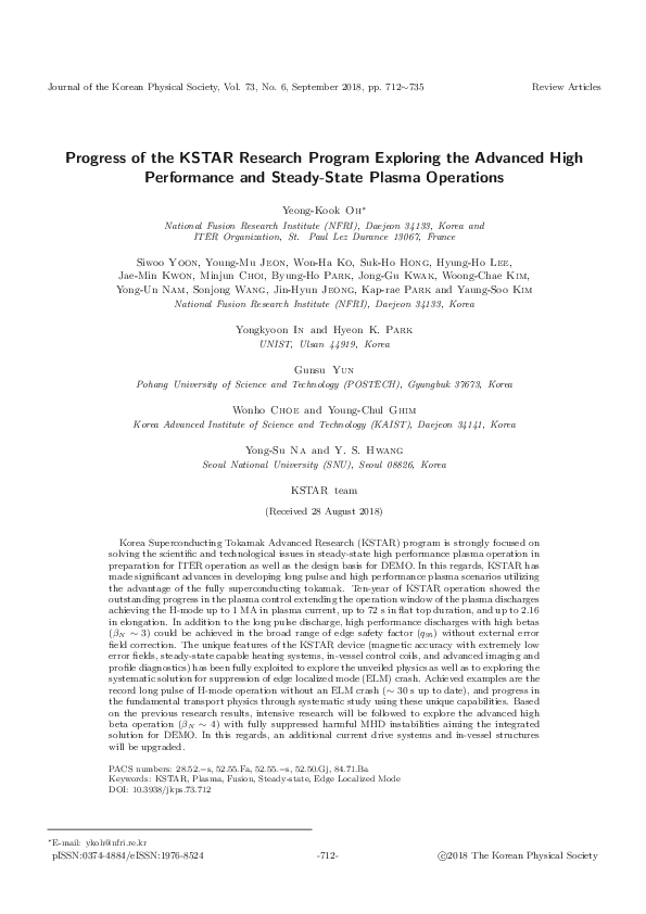 (PDF) Progress of the KSTAR Research Program Exploring the Advanced High Performance and Steady ...