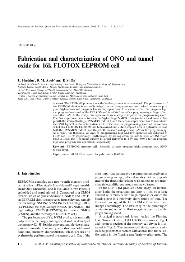 (PDF) Fabrication and characterization of ONO and tunnel oxide for 16k ...