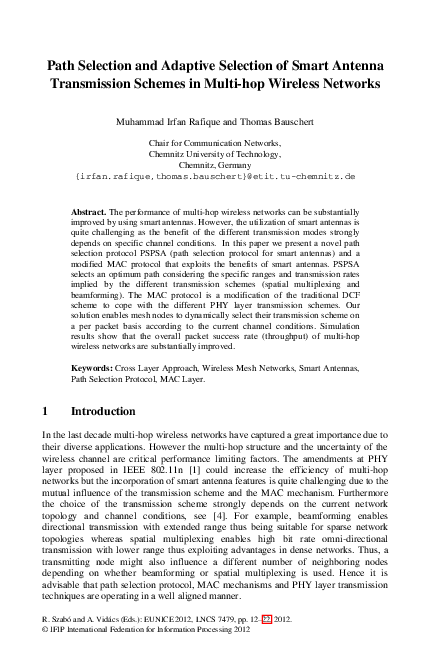(PDF) Path Selection and Adaptive Selection of Smart Antenna Transmission Schemes in Multi-hop ...