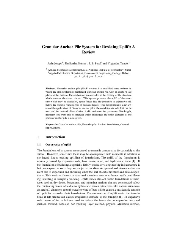 (PDF) Granular Anchor Pile System for Resisting Uplift: A Review