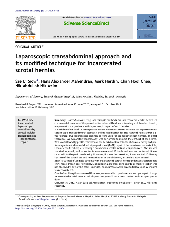 (PDF) Laparoscopic transabdominal approach and its modified technique ...