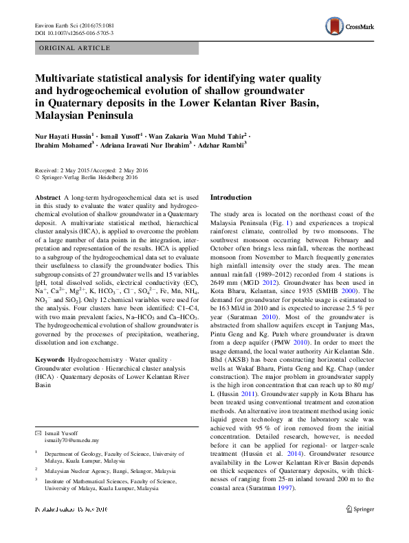 Pdf Multivariate Statistical Analysis For Identifying Water Quality And Hydrogeochemical