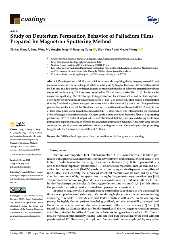(PDF) Study on Deuterium Permeation Behavior of Palladium Films ...