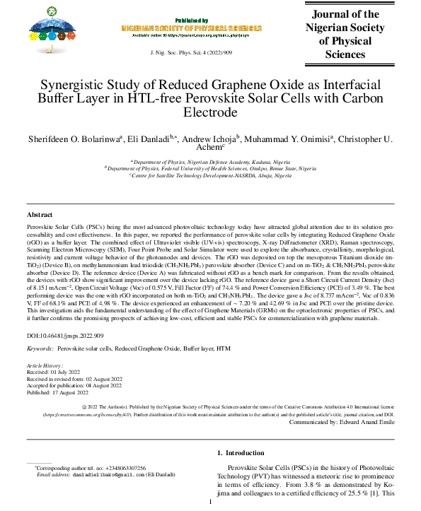 (PDF) Synergistic Study of Reduced Graphene Oxide as Interfacial Buffer Layer in HTL-free ...