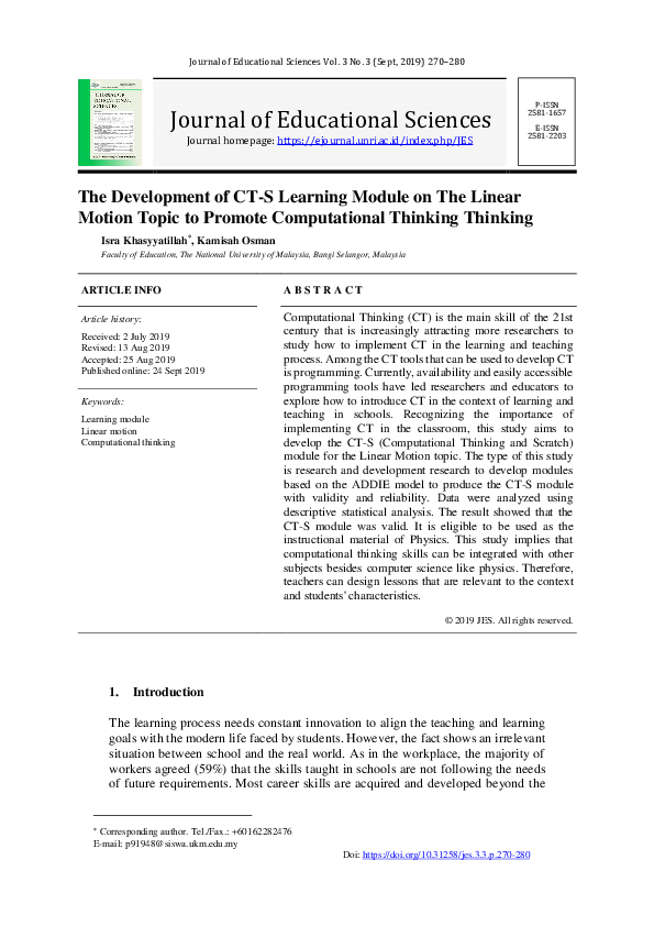 (PDF) The Development of CT-S Learning Module on The Linear Motion Topic to Promote ...