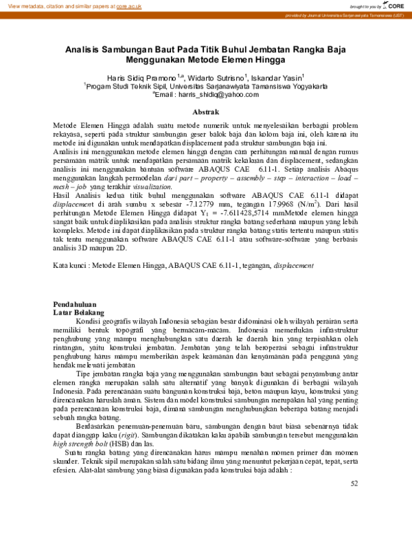 (PDF) Analisis Sambungan Baut Pada Titik Buhul Jembatan Rangka Baja Menggunakan Metode Elemen Hingga