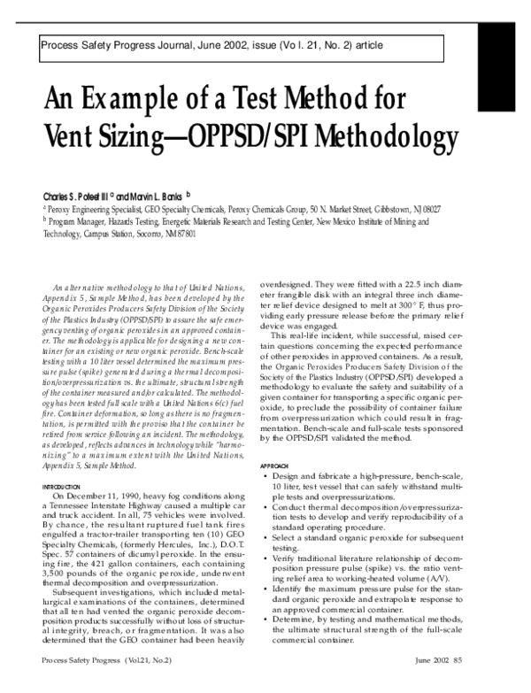 (PDF) An example of a test method for vent sizing—OPPSD/SPI methodology