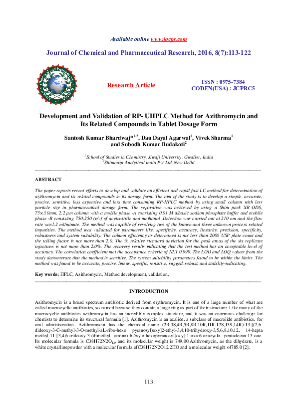 (PDF) Development and Validation of RP-UHPLC Method for Azithromycin and Its Related Compounds ...