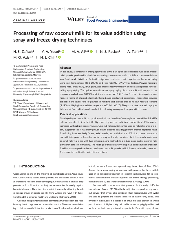 (PDF) Processing of raw coconut milk for its value addition using spray ...