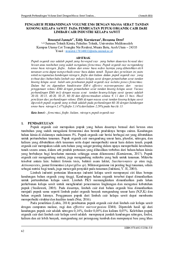 (PDF) Pengaruh Perbandingan Volume Em4 Dengan Massa Serat Tandan Kosong Kelapa Sawit Pada ...