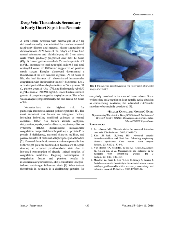 (PDF) Deep Vein Thrombosis Secondary to Early Onset Sepsis in a Neonate