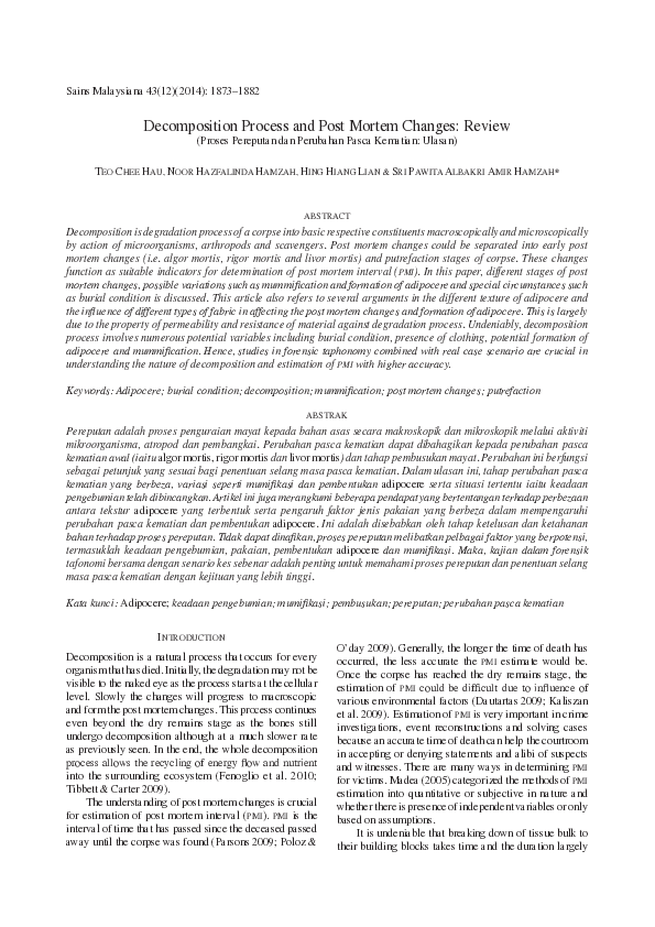 (PDF) Decomposition Process and Post Mortem Changes: Review | Janz Jannah - Academia.edu