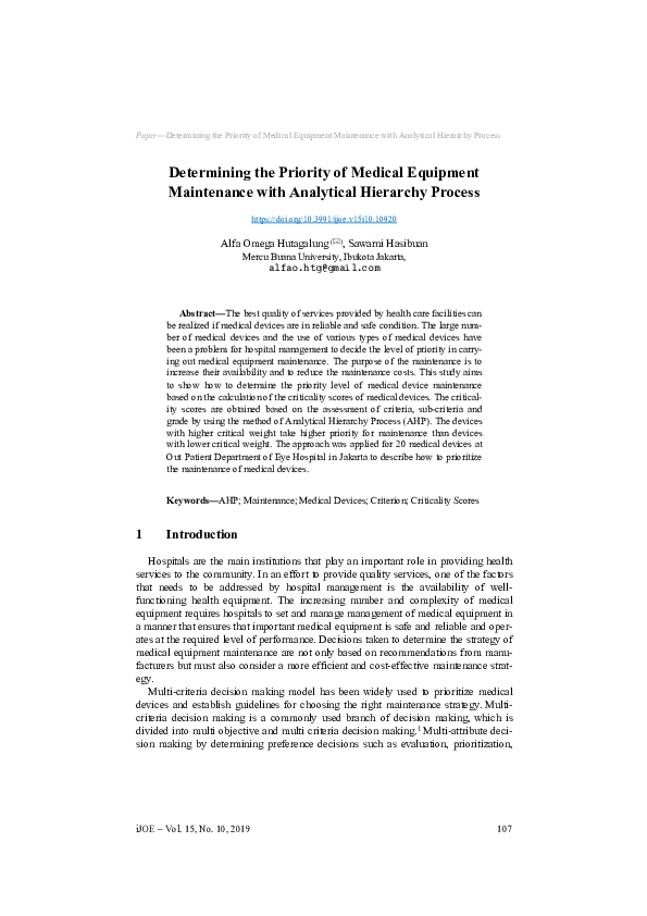 (PDF) Determining the Priority of Medical Equipment Maintenance with Analytical Hierarchy Process