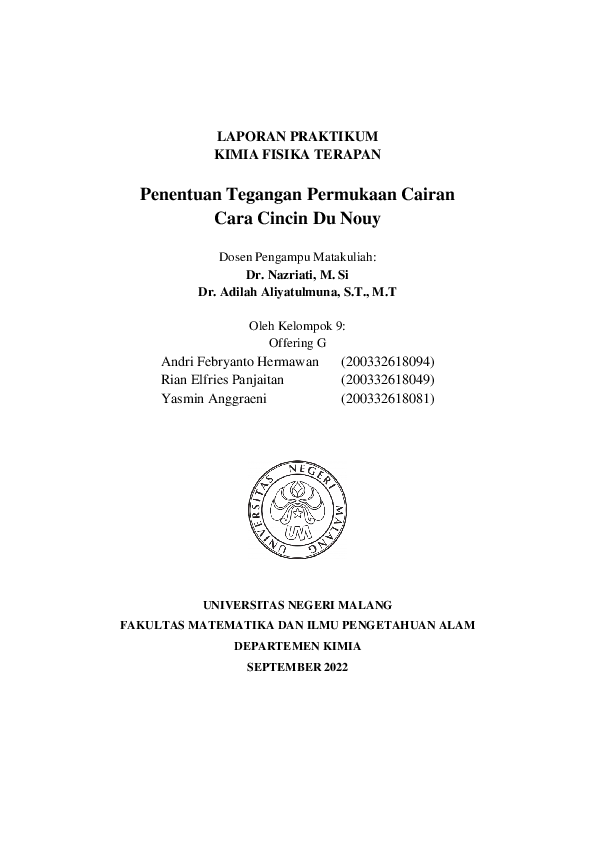 (PDF) PERCOBAAN CINCIN DU NOUY KIMIA FISIK YASMIN ANGGRAENI