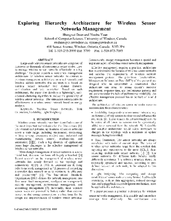 Pdf Exploring Hierarchy Architecture For Wireless Sensor Networks Management