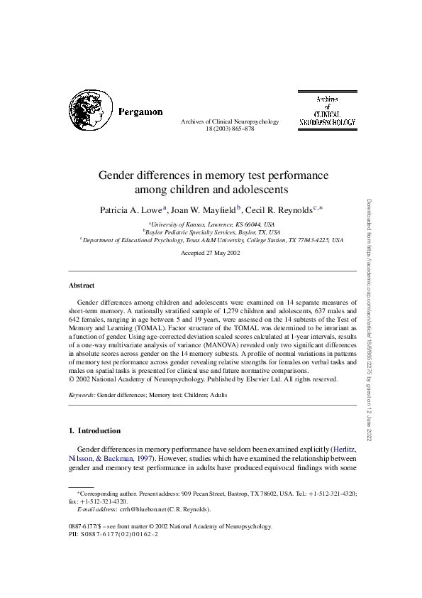 (PDF) Gender differences in memory test performance among children and ...