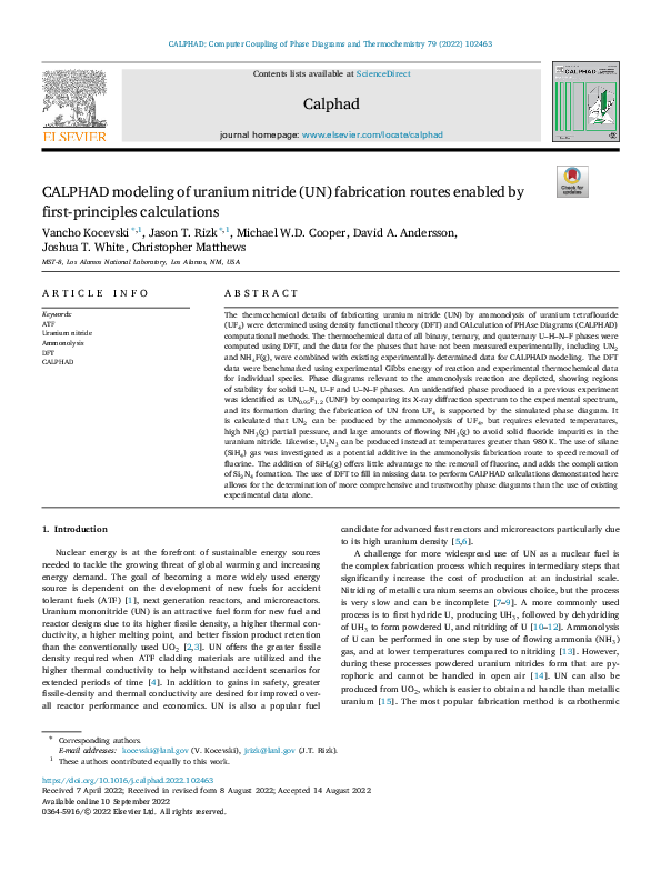 (PDF) CALPHAD modeling of uranium nitride (UN) fabrication routes ...