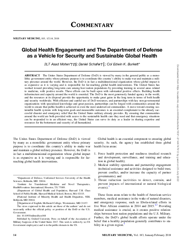 (PDF) Global Health Engagement and The Department of Defense as a ...