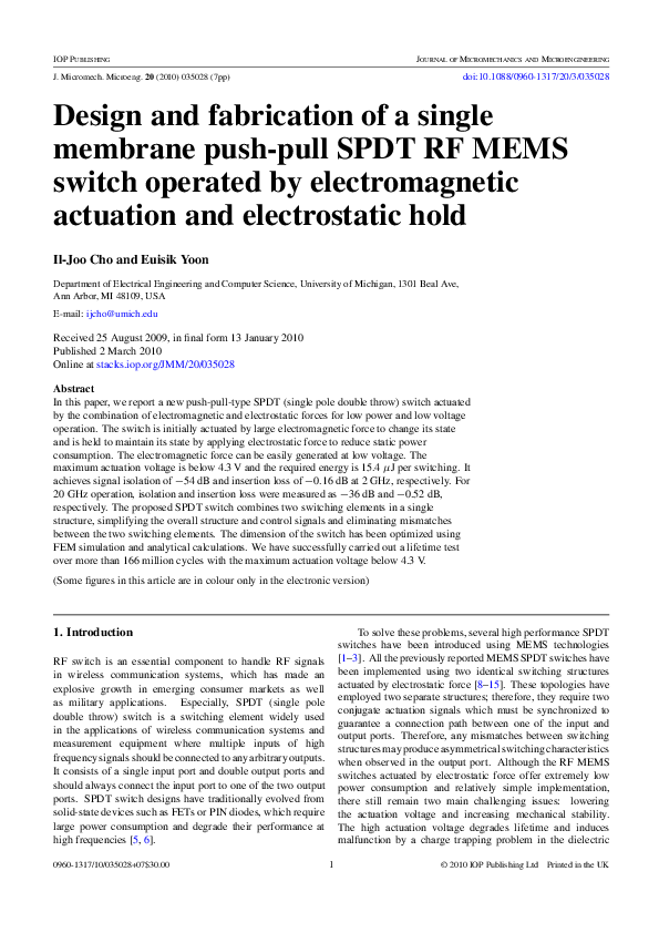 Pdf Design And Fabrication Of A Single Membrane Push Pull Spdt Rf Mems Switch Operated By