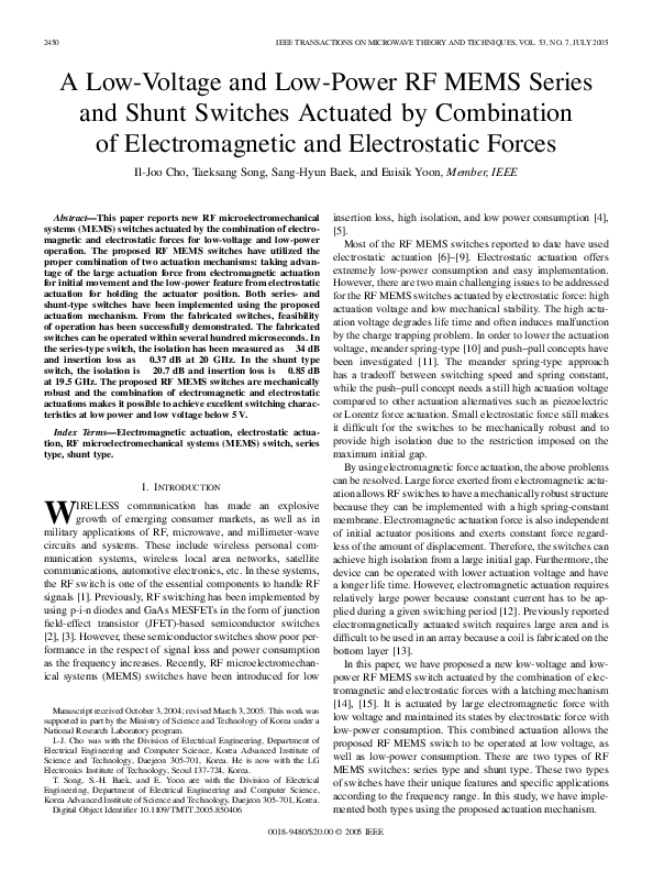 Pdf A Low Voltage And Low Power Rf Mems Series And Shunt Switches Actuated By Combination Of