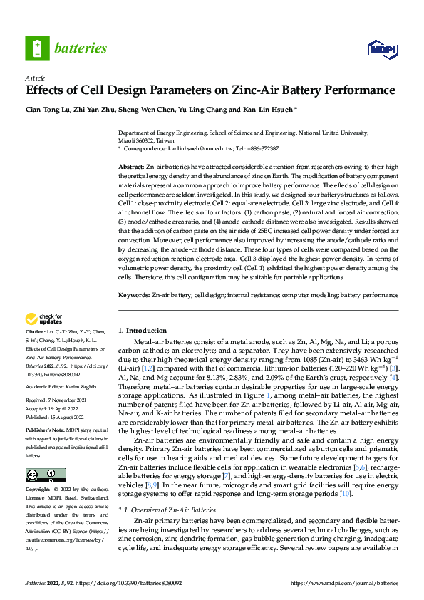 (PDF) Effects of Cell Design Parameters on Zinc-Air Battery Performance