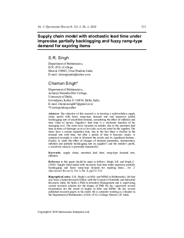 (PDF) Supply chain model with stochastic lead time under imprecise ...