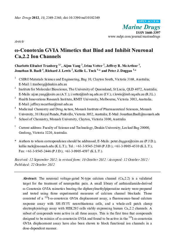(PDF) ω-Conotoxin GVIA Mimetics that Bind and Inhibit Neuronal Cav2.2 ...