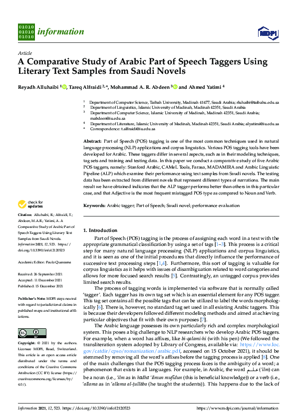 (PDF) A Comparative Study of Arabic Part of Speech Taggers Using ...