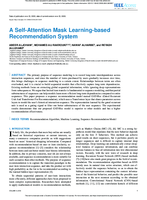 (PDF) A Self-Attention Mask Learning-based Recommendation System