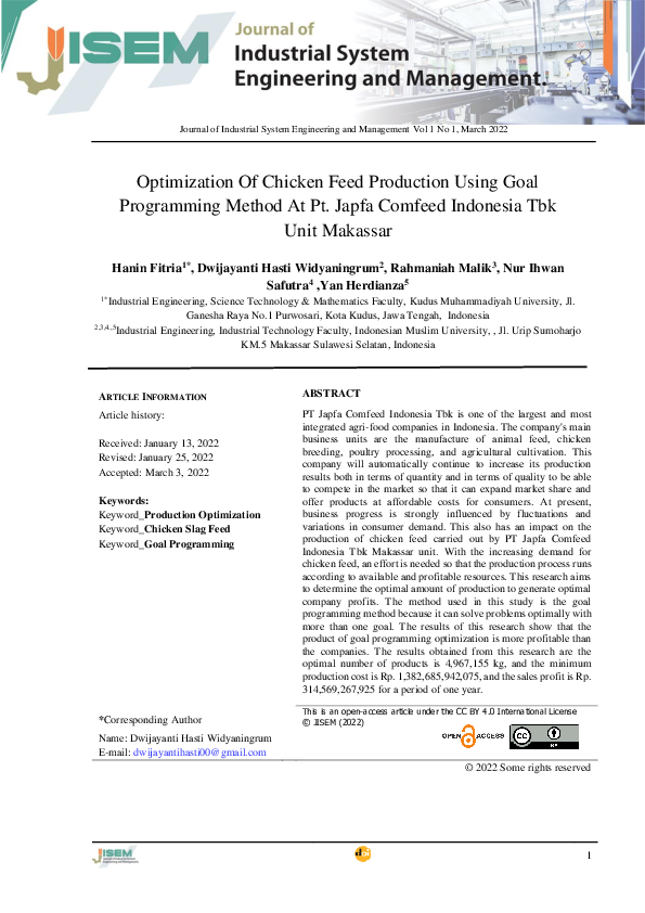 (PDF) Optimization Of Chicken Feed Production Using Goal Programming Method At PT. Japfa Comfeed ...