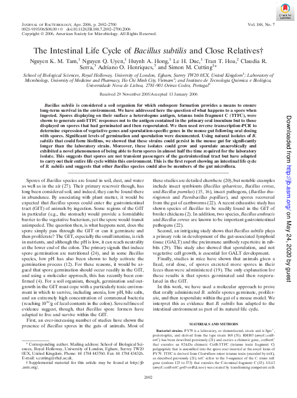 (PDF) The Intestinal Life Cycle of Bacillus subtilis and Close Relatives