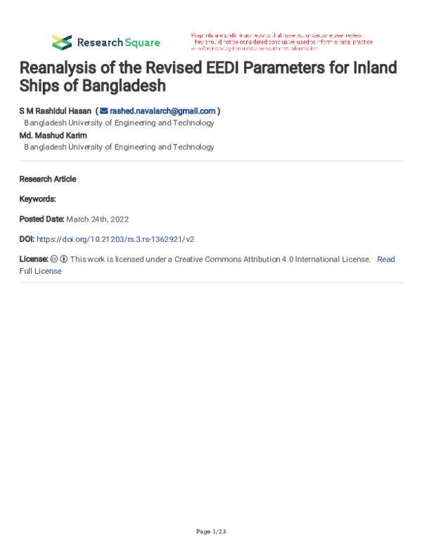 (PDF) Reanalysis of the Revised EEDI Parameters for Inland Ships of Bangladesh