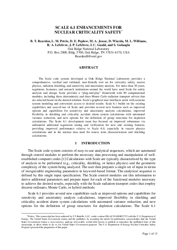 (PDF) Scale 6.1 Enhancements for Nuclear Criticality Safety
