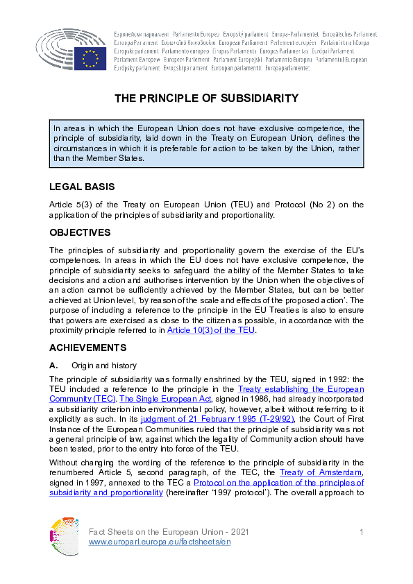 (PDF) The principle of subsidiarity