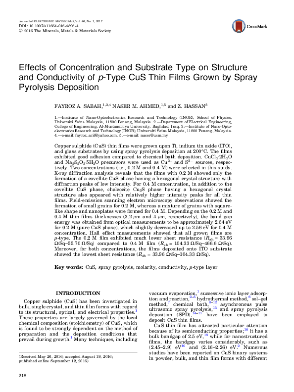 (PDF) Effects of Concentration and Substrate Type on Structure and Conductivity of p-Type CuS ...