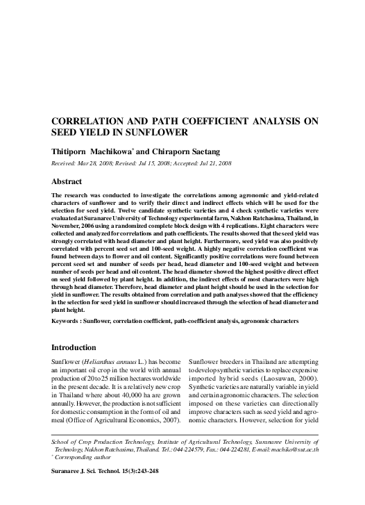 Pdf Correlation And Path Coefficient Analysis On Seed Yield In Sunflower