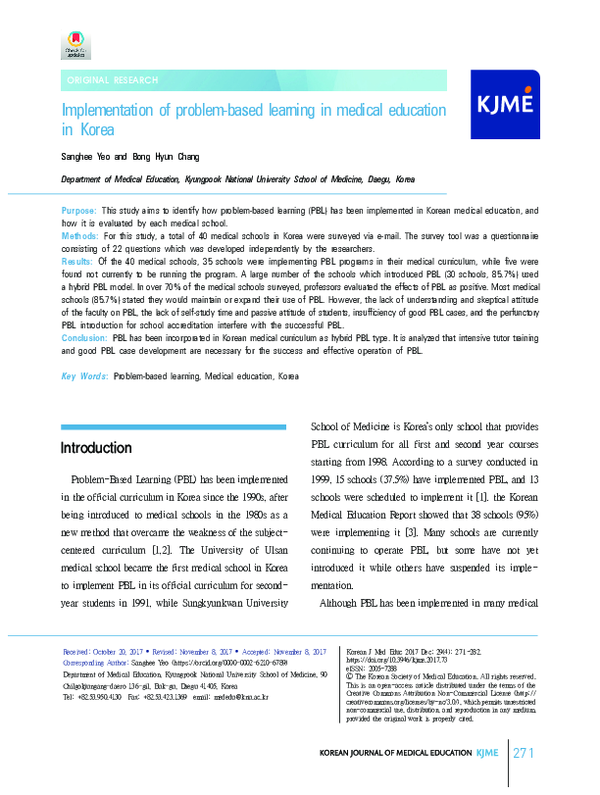 (PDF) Implementation of problem-based learning in medical education in ...
