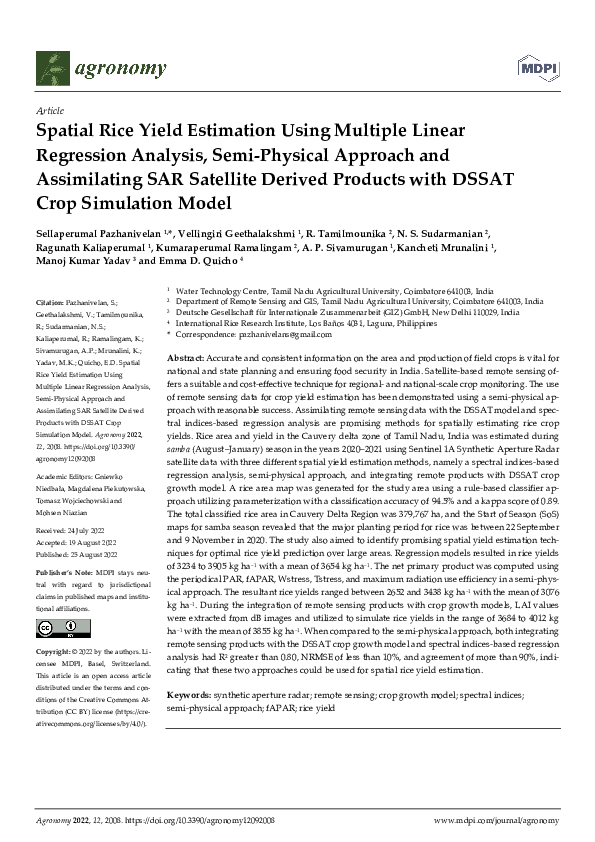 (PDF) Spatial Rice Yield Estimation Using Multiple Linear Regression Analysis, Semi-Physical ...