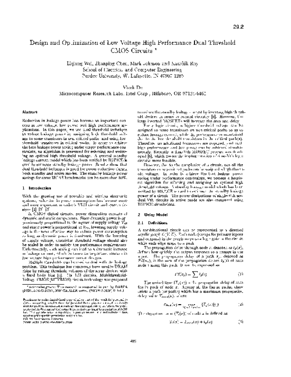 Pdf Design And Optimization Of Low Voltage High Performance Dual Threshold Cmos Circuits