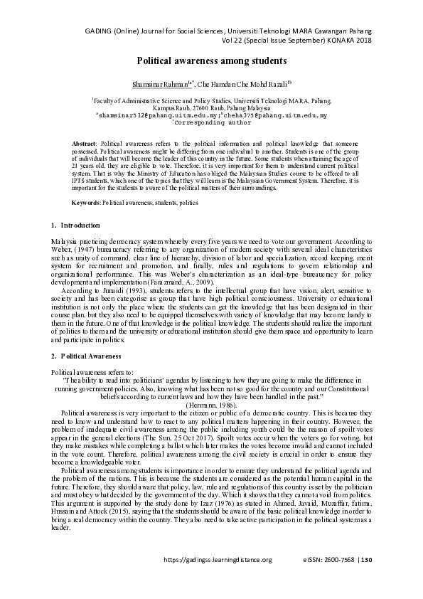 (PDF) Political awareness among students | SHAMSINAR RAHMAN - Academia.edu