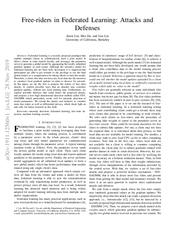 (PDF) Free-riders in Federated Learning: Attacks and Defenses