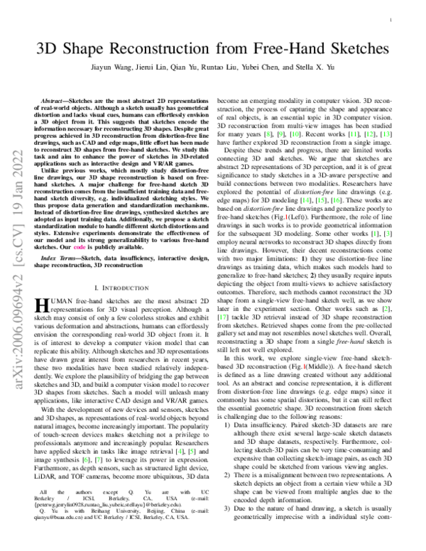 Pdf 3d Shape Reconstruction From Free Hand Sketches Jierui Lin